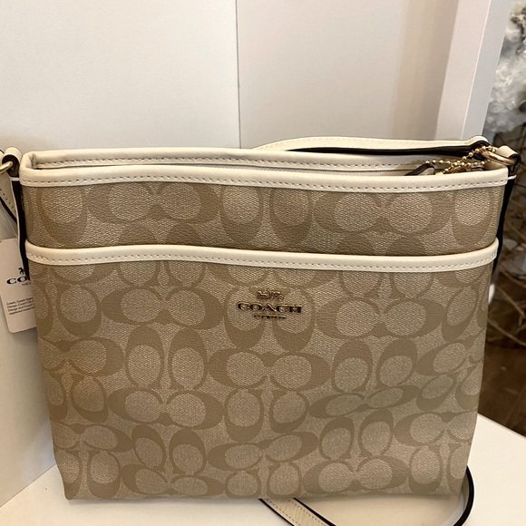 Coach | Bags | Coach Cream Crossbody Bag With Signature Pattern And Leather Straps | Poshmark